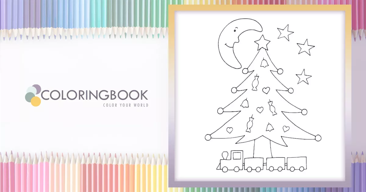 Fir tree, moon and train – Coloringbook.pics