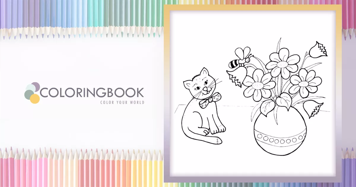 Kitten and a bouquet of flowers – Coloringbook.pics